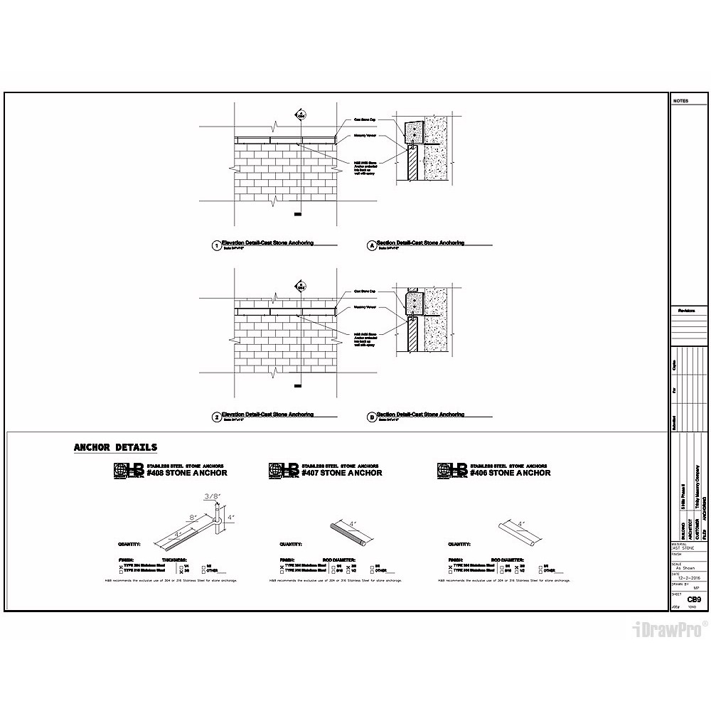 Cast Stone Shop Drawings with cut tickets & setting drawings