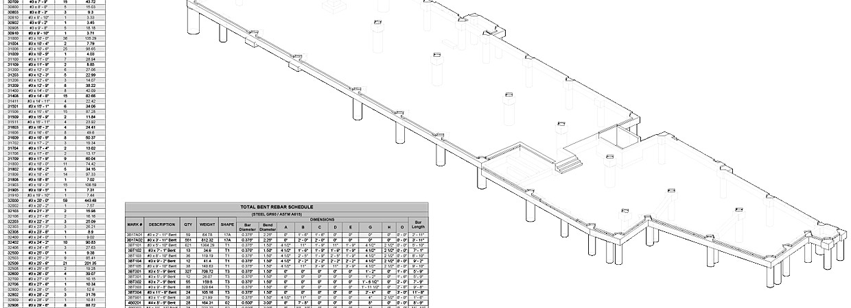 Rebar shop drawings including placement layout details and schedule.