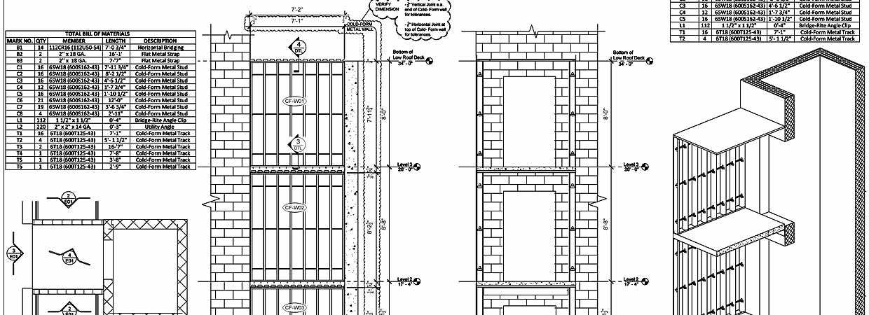 Cold formed metal studs with T&B Tracks framing shop drawings