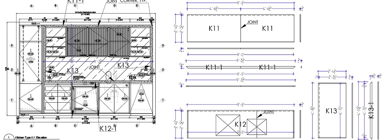 Stone shop drawings for kitchen countertop floor wall and ceiling.