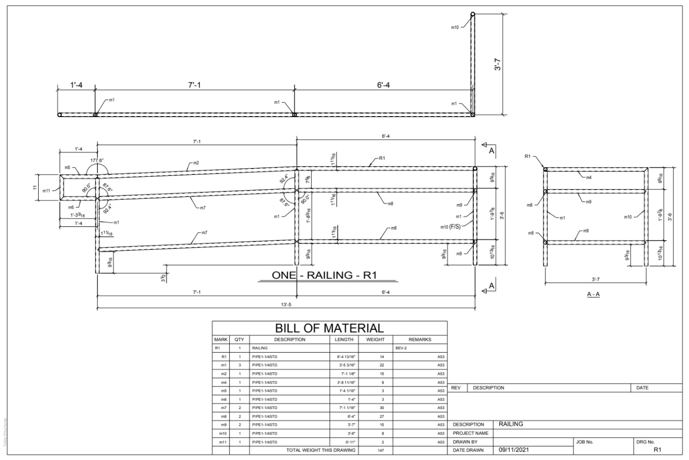 Galvanized steel railing with post shop drawings